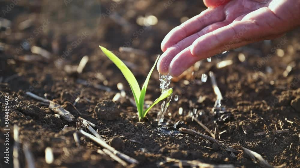 Closeup of farmer's hand watering corn seedling in field, slow motion ...