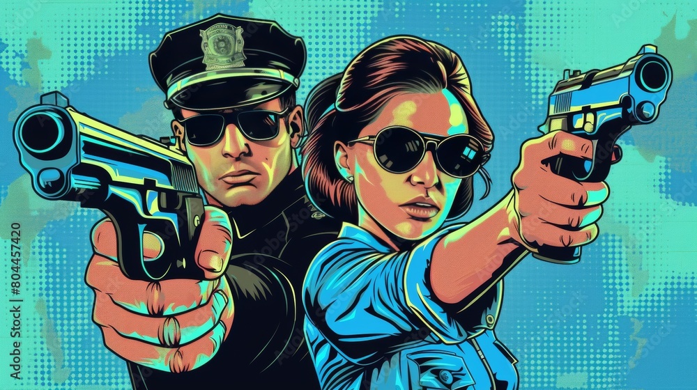 Vector illustration of male and female police officers with guns. Comic ...