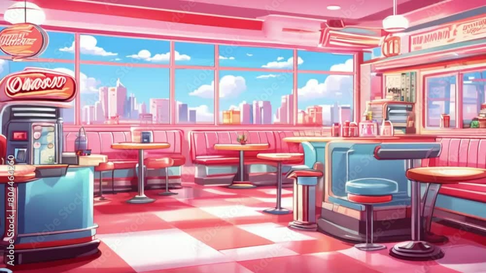 illustration of a retro diner scene, loop video background animation ...