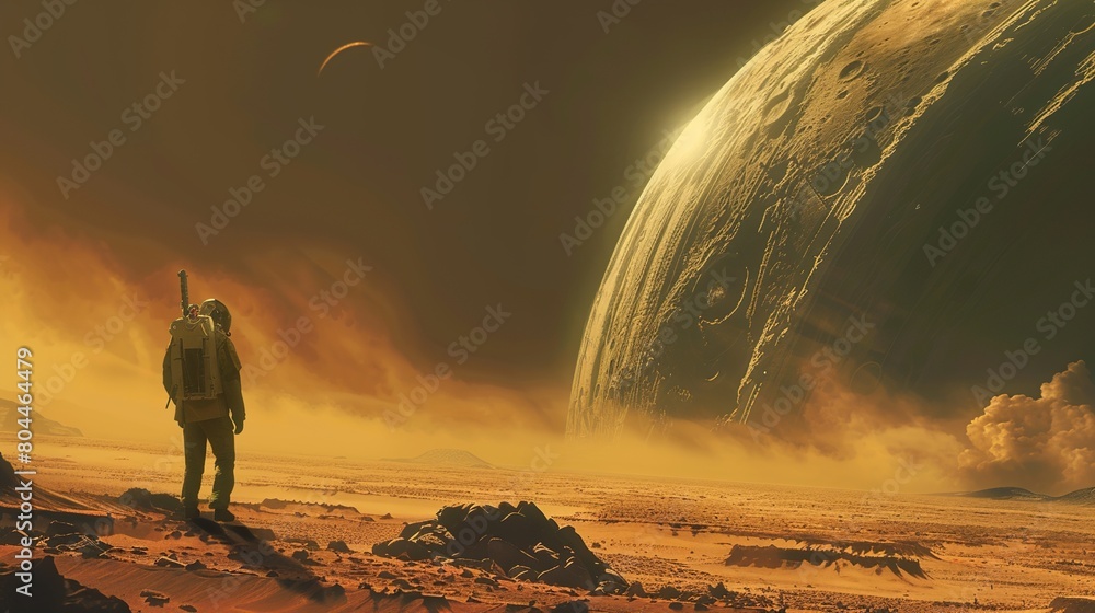 Alien planet in space with a UFO hovering over Earth and another UFO in ...