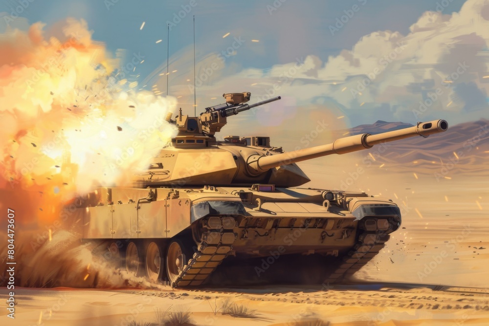 A hyper-realistic illustration of an Military tank M1 Abrams firing its ...