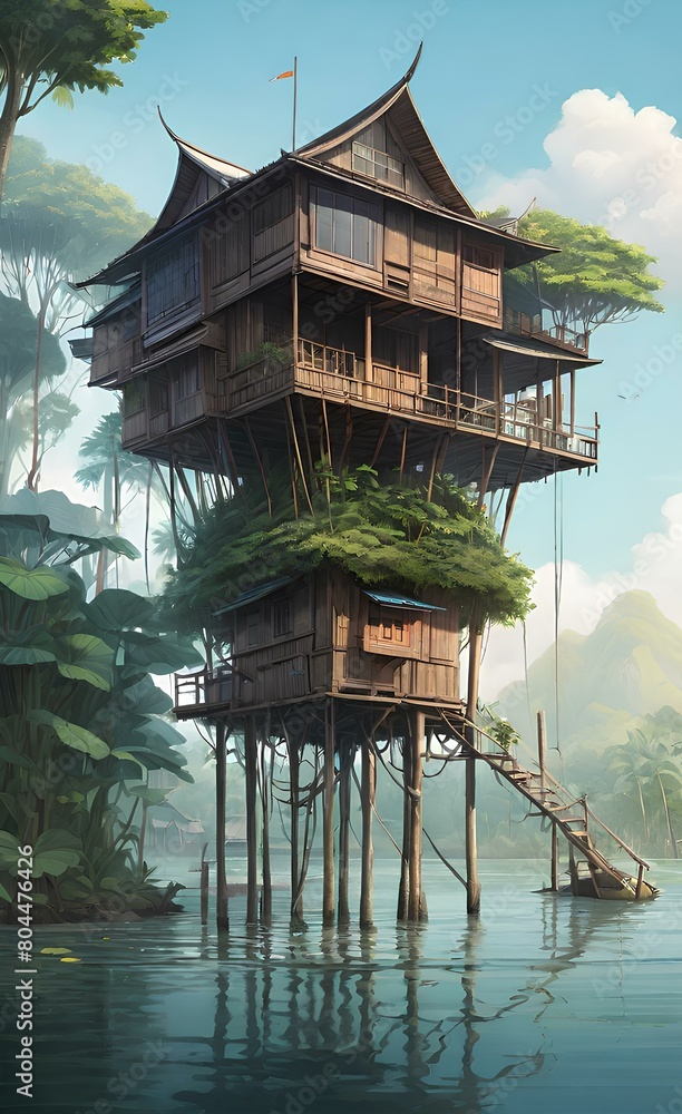 Stilt house, representing the unique architecture of Southeast Asia. Stock Illustration | Adobe ...