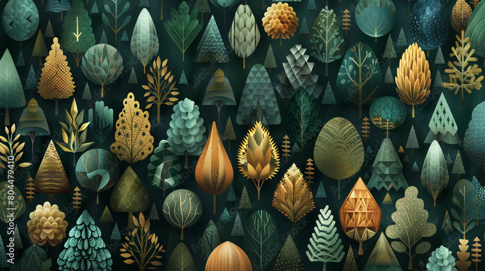 A forest made of geometric shapes, where each tree is represented by ...