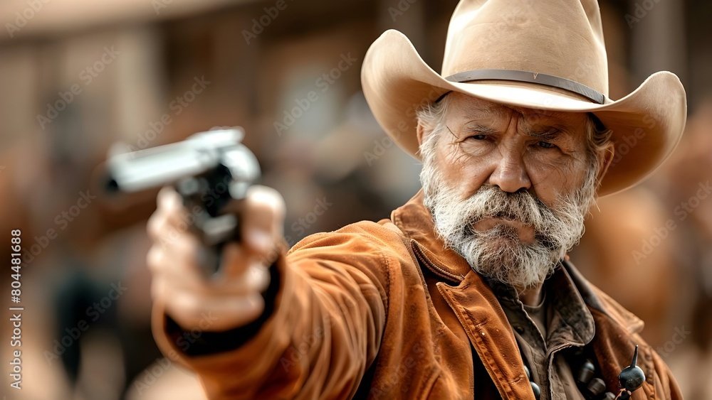Cowboy gunfighter in vintage attire pointing gun during wild west ...