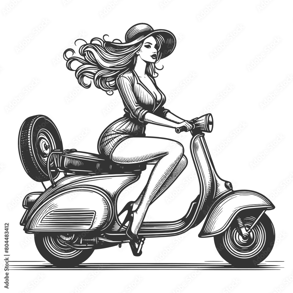 pin-up girl riding a vintage scooter, depicted in dynamic pose sketch ...