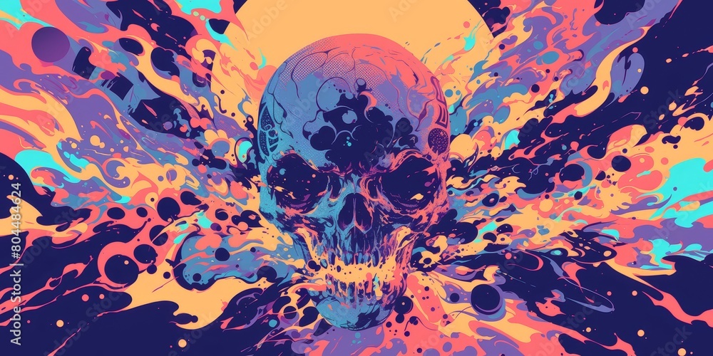 psychedelic alien skull, psychedelic color scheme with a dark ...