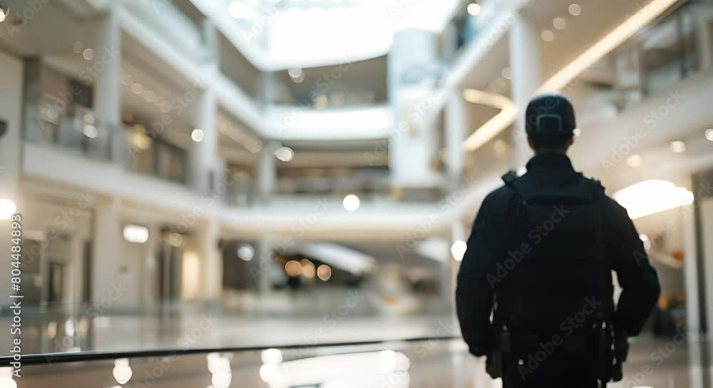 Security Guard Stands in Black Uniform With His Back to Shopping Mall ...