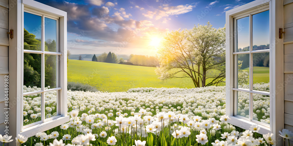 A pair of open windows overlook a beautiful sunrise over a lush field ...