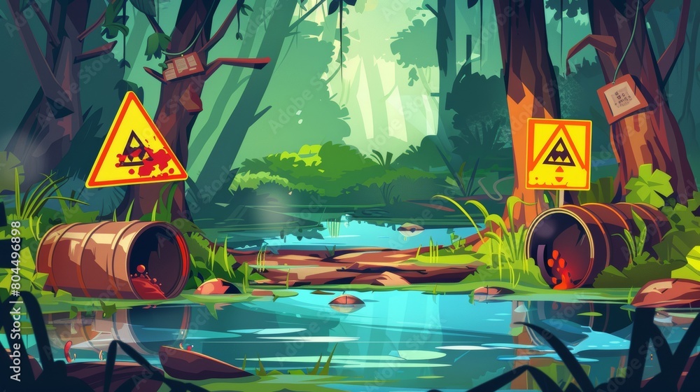 Modern illustration of a dirty swamp or lake with warning signs and ...