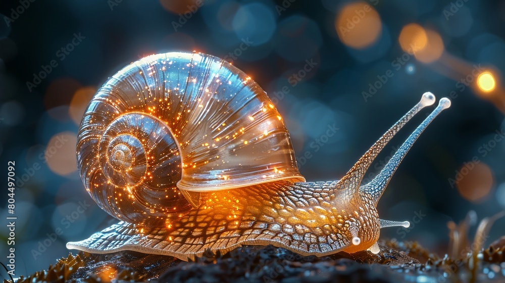 A vibrant and whimsical fantasy pet a glowing snail with a crystal ...