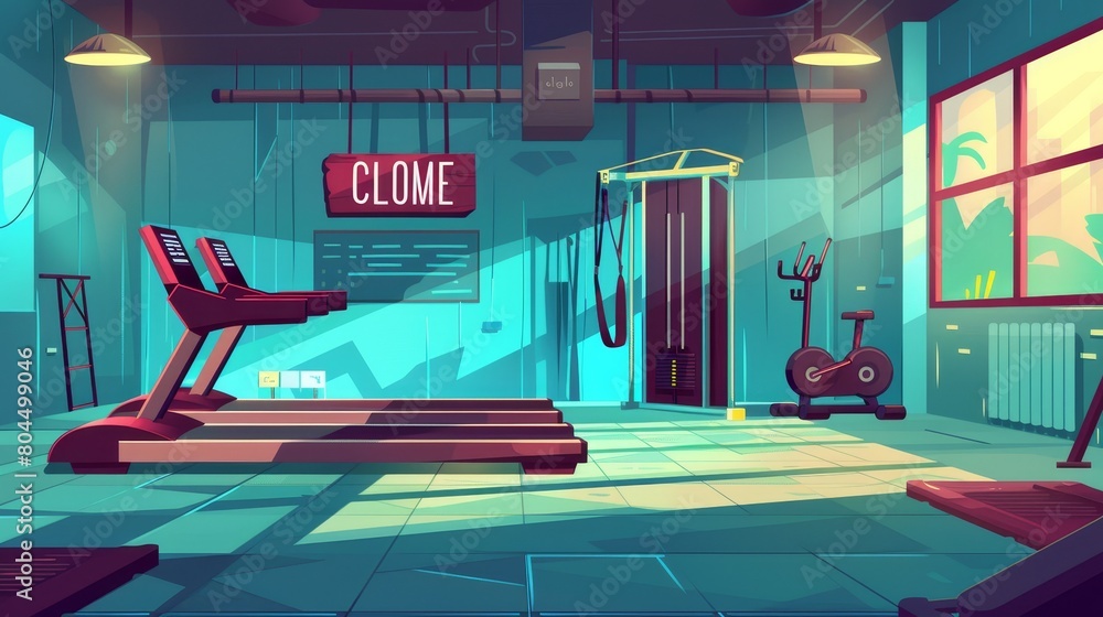 Poster depicting a gym with a treadmill. Flyer with a promotion code ...