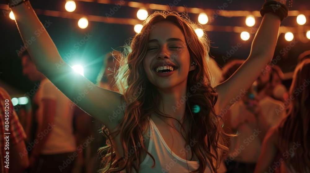 Ecstatic young woman dancing at a party with her arms in the air Stock Photo | Adobe Stock