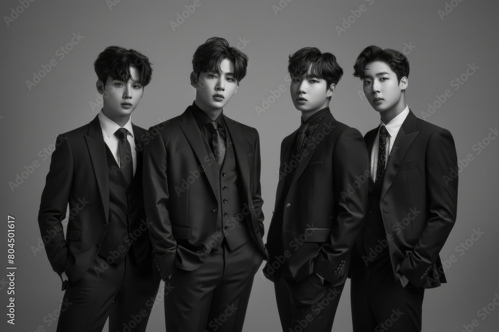Stylish k-pop boy band poses confidently for a black and white studio ...
