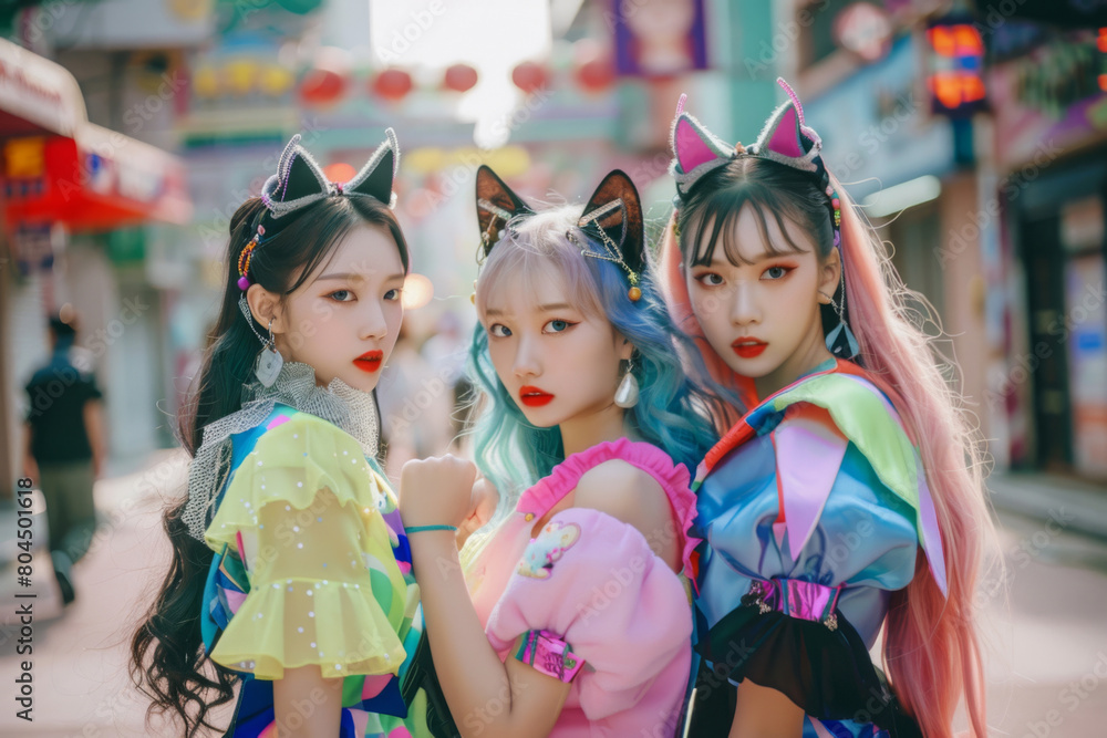 Three stylish k-pop enthusiasts showcase trendy korean street fashion ...
