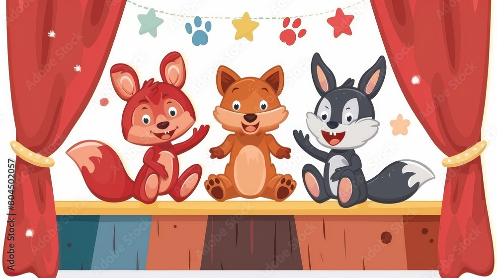 Funny cartoon puppets performing a fairy-tale story for kids on stage ...