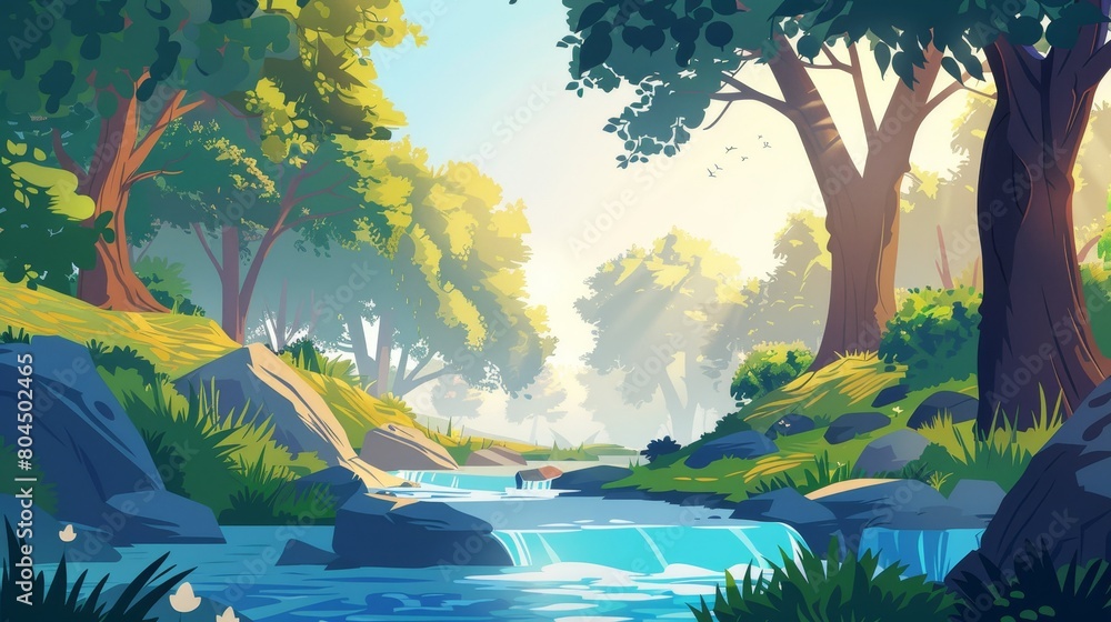 Cartoon nature landscape with forest and river. Scenery summer ...