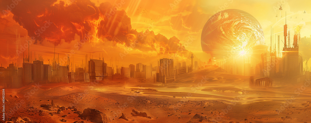 Apocalyptic Cityscape with Distant Planet at Sunset, A vivid digital ...