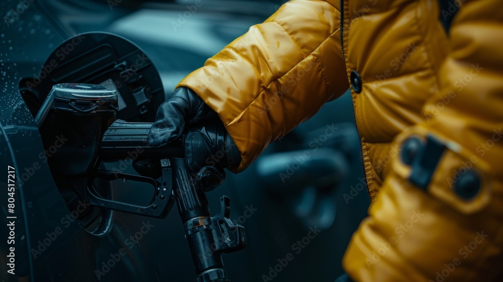 A person in a yellow jacket is filling up a car's fuel tank using a gas ...