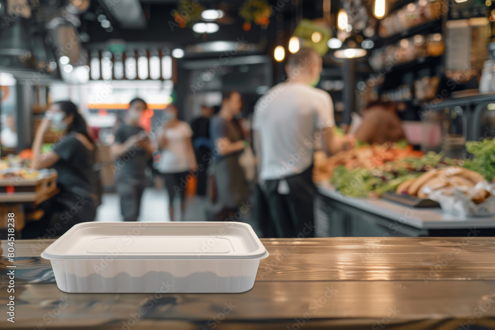 White, empty takeout food container mockup, displayed in a bustling ...