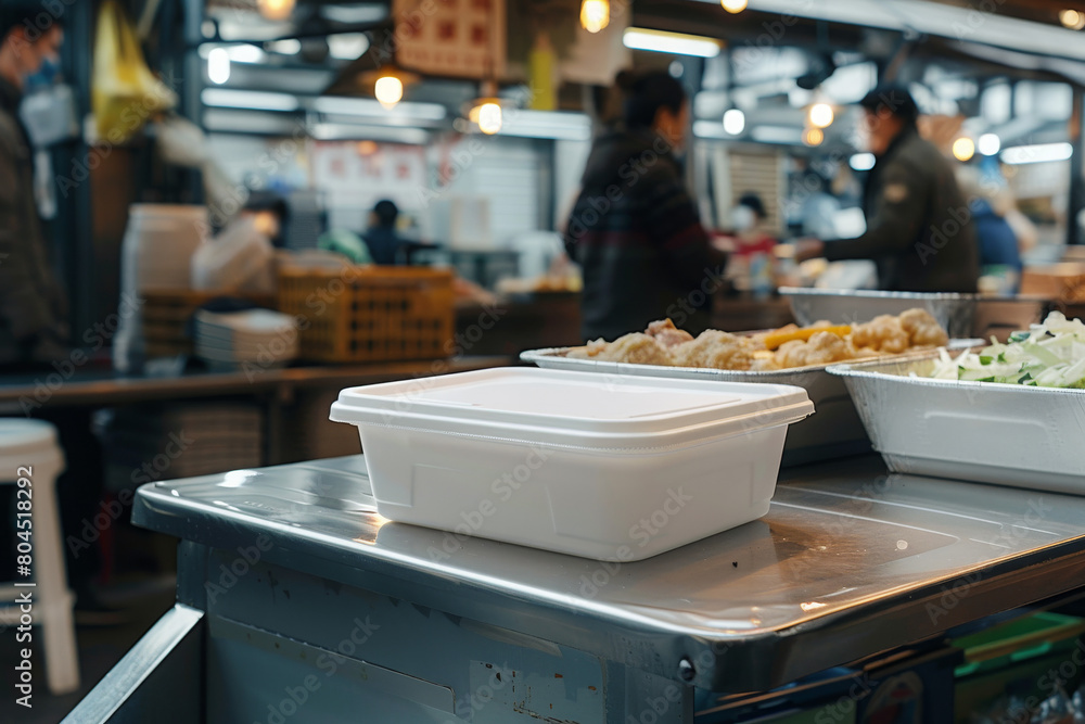 White, empty takeout food container mockup, displayed in a bustling ...