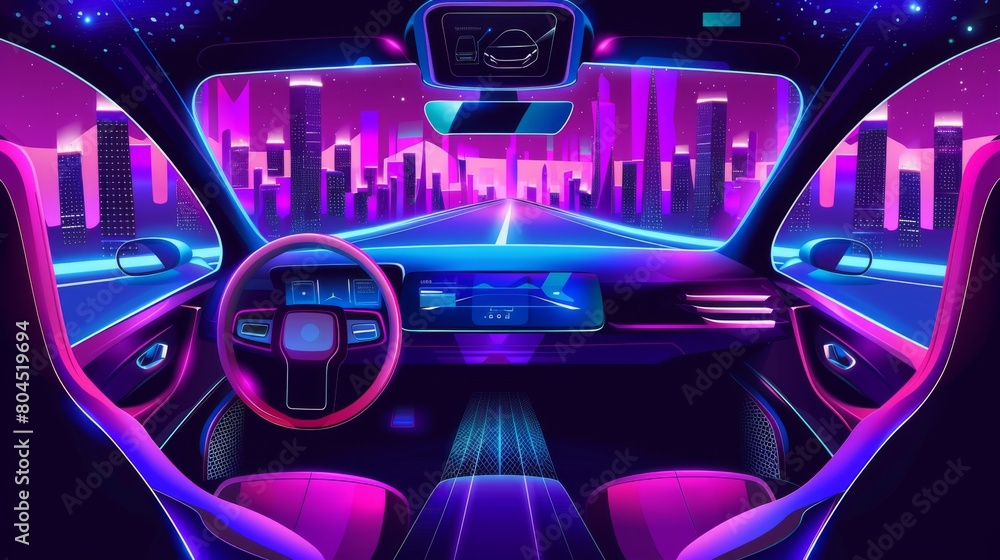 The interior of a self-driving intelligent car. Displays show ...