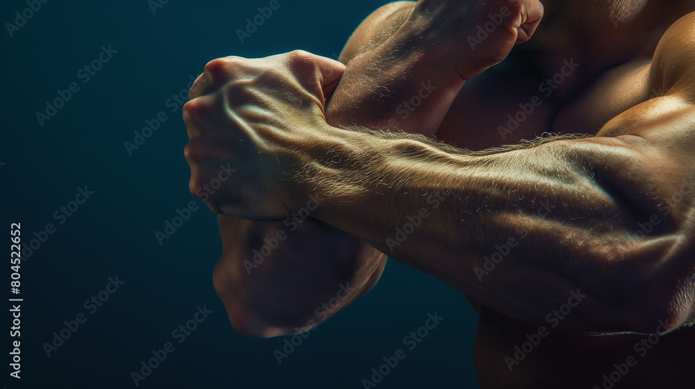 Detail shot of muscular arms engaged in arm wrestling, highlighting the ...
