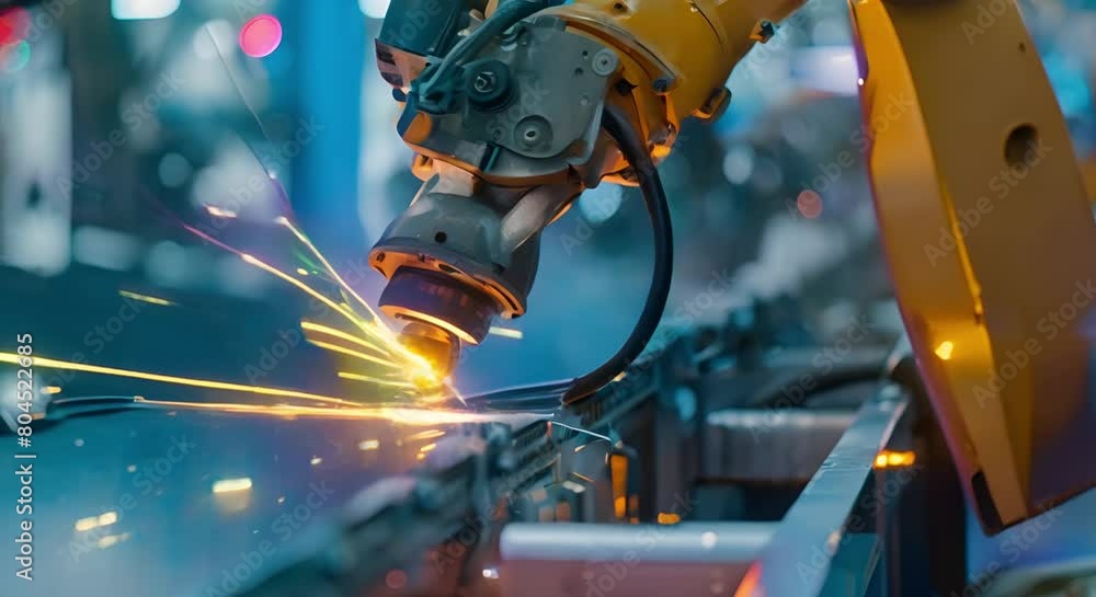 Robotic welding arm on assembly line in vehicle production factory ...