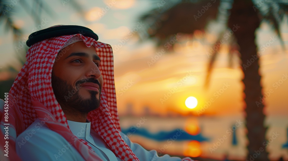 Saudi leisure time, man in traditional arabic outfit sitting on beach ...