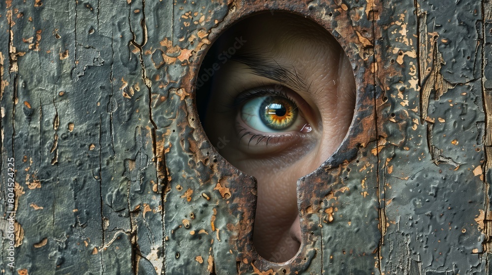 Keyhole with eye peering through, woman peeking through hole in wood door, eyeball surveillance ...