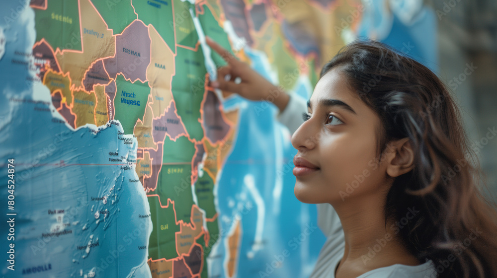 ensive serious young 20s Indian student girl studying geography global ...