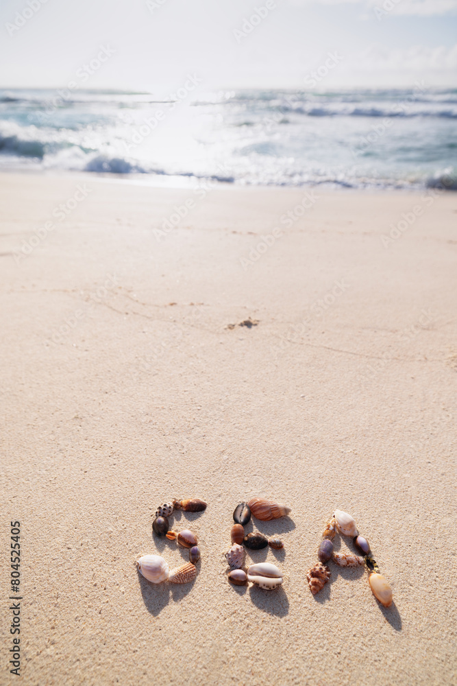 Word sea made of shells on a sandy tropical beach in Seychelles Stock ...