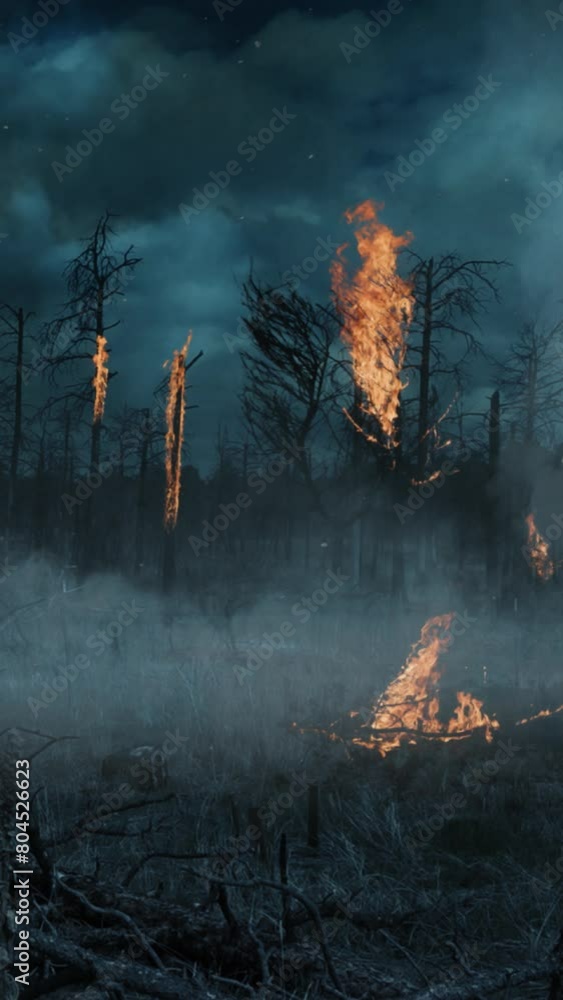Vertical Burning Trees with Storm Clouded Sky 4K features a burnt area ...