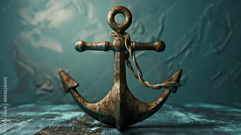 Old, rusty metal anchor tied with a thick rope, presented against a ...