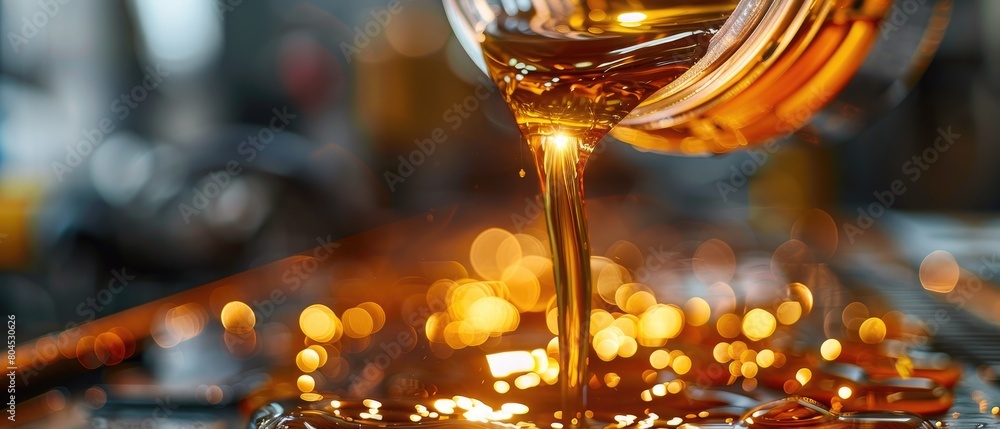 Image shows a close up of a person pouring a viscous amber liquid from ...