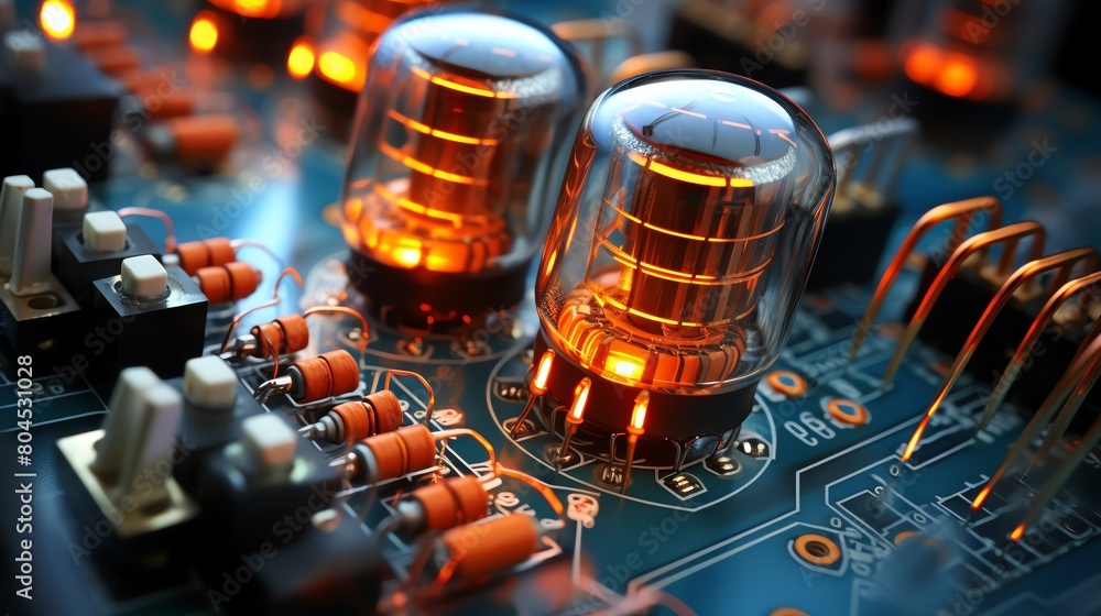 An electronic circuit board with vacuum tubes. The tubes are glowing ...