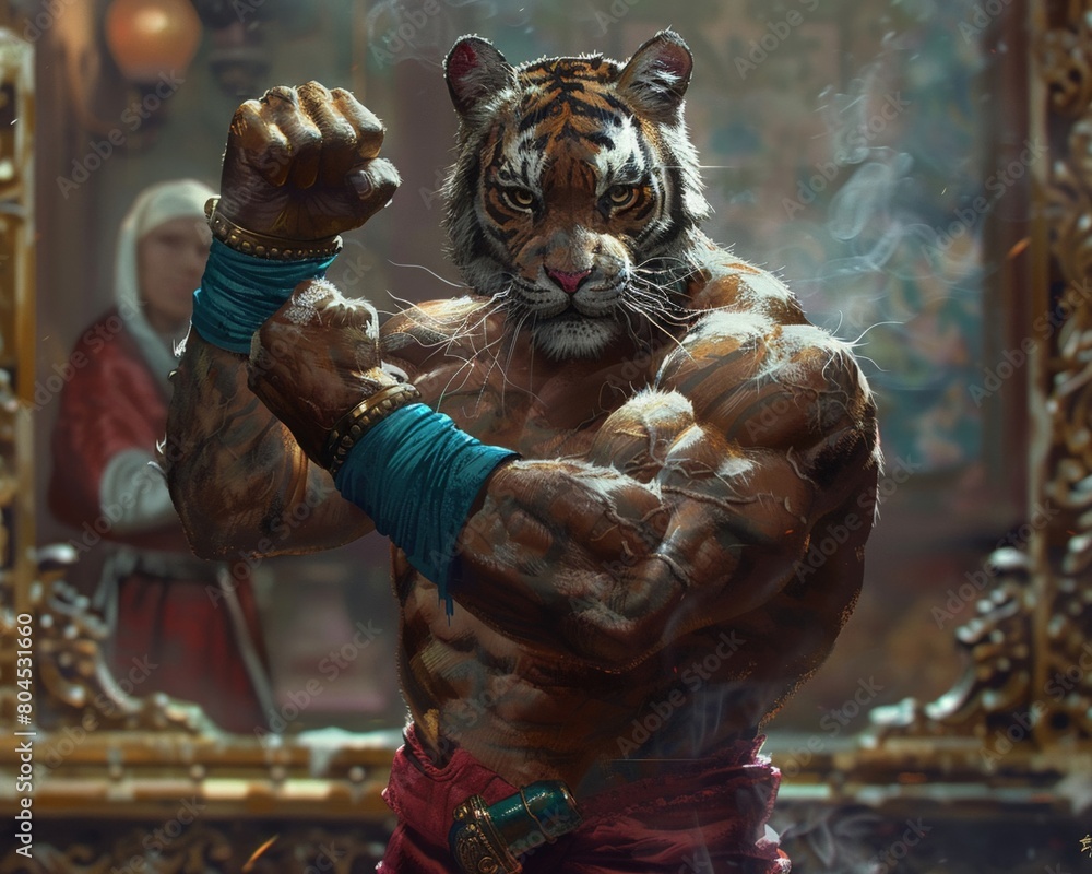 A muscular anthropomorphic tiger with its fists raised, ready to fight ...