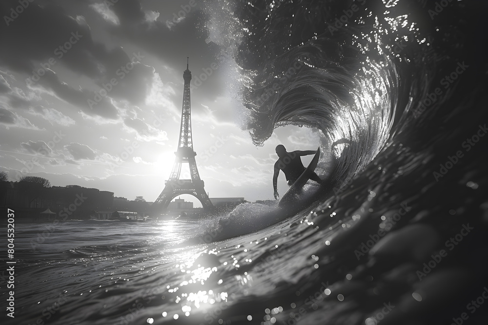 A fictional view of Paris. Sportsman surfer conquers the wave against ...