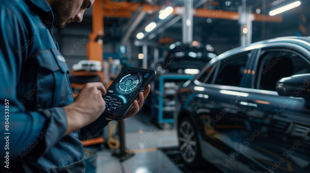An auto mechanic checks his engine with OBD2 wireless scanning tool and ...