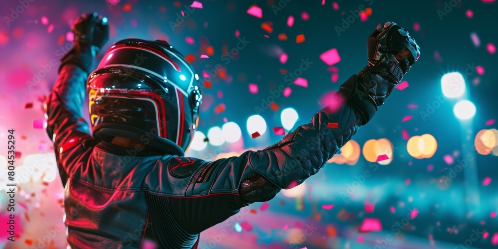 Racer celebrating victory in the race against background of bright ...