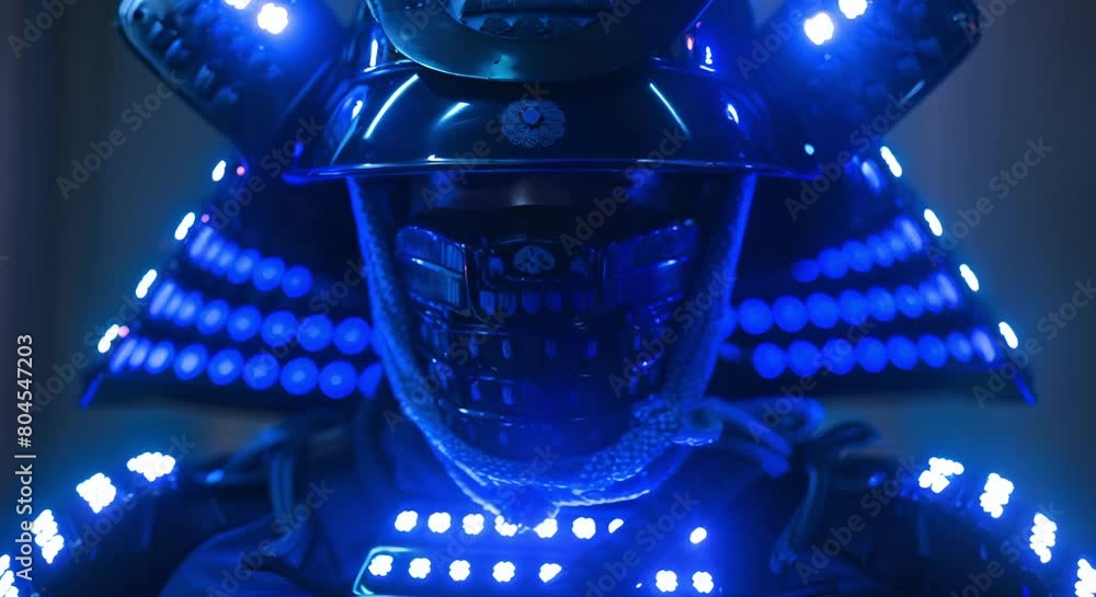 Samurai armor illuminated by blue lights symbolizes fusion of tradition ...