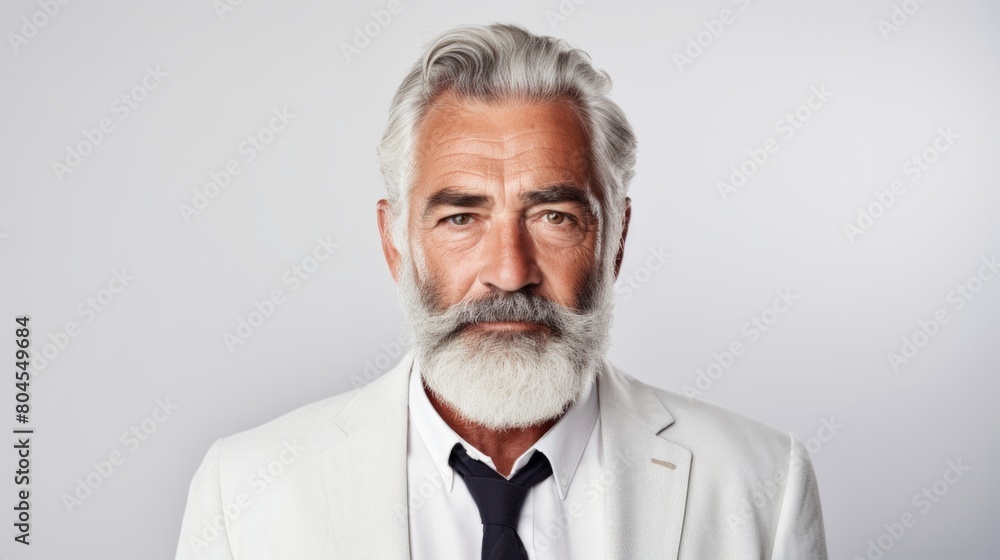Serious older man in casual with beard head shot portrait. Grey haired ...