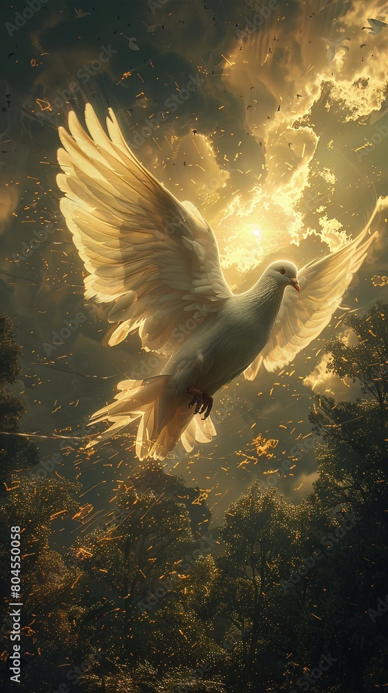 A giant dove overshadowing a nuclear test site, its wings spread ...