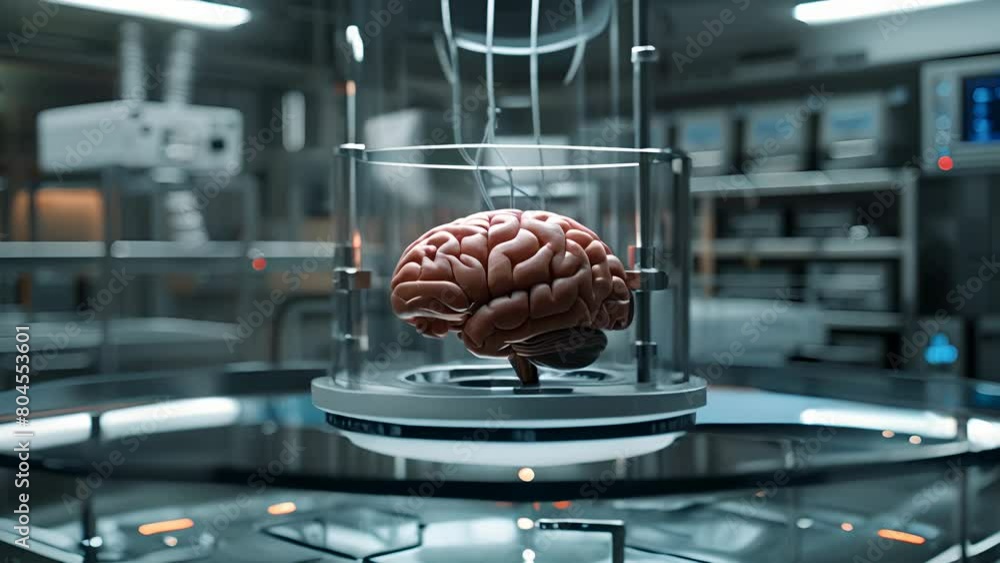 Photorealistic brain in life support reservoir, cables connecting to ...