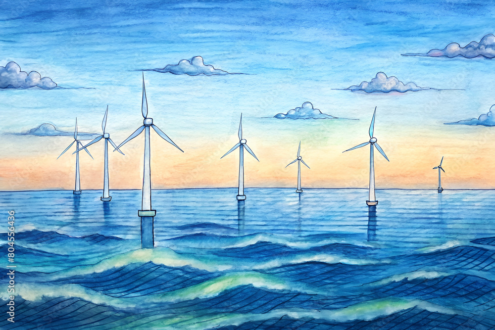 Offshore wind farm with turbines in the ocean Stock Illustration ...