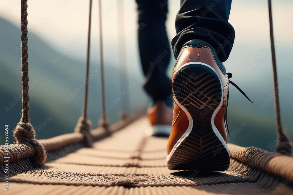 Close-up of a person's feet walking cautiously across a rope bridge ...