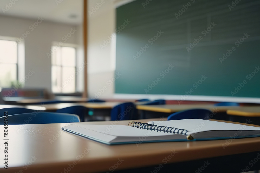 An empty classroom with desks neatly arranged and a chalkboard in the ...