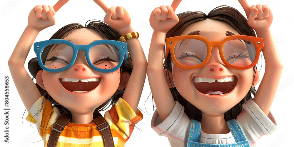 Little girls, glasses, standing, smiling, yellow dress, pink dress ...