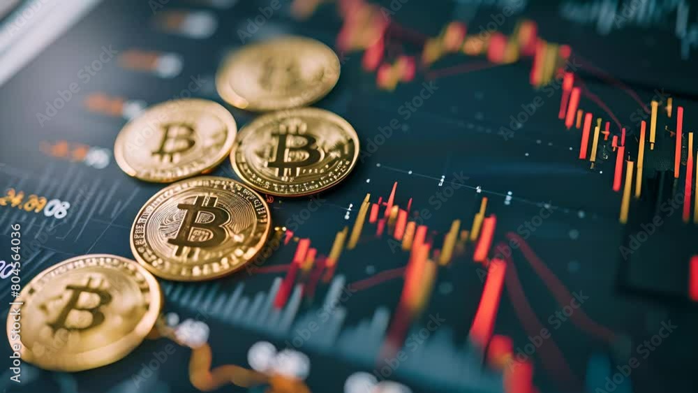 A bunch of gold coins are on a graph with a downward trend. The coins ...