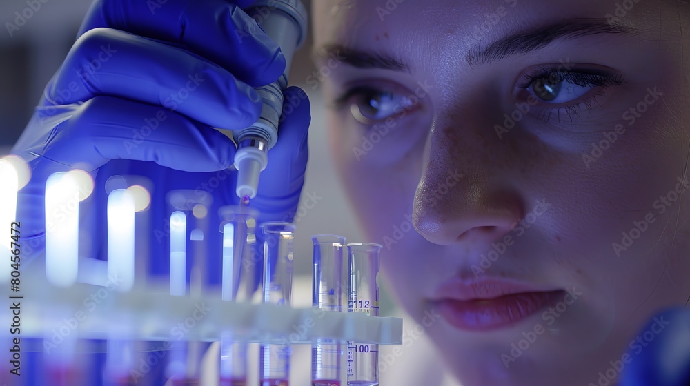 A focused young life science professional pipetting a solution into a ...