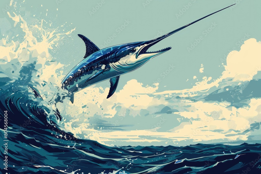 A blue marlin fish jumping out of the water. Perfect for aquatic themes ...
